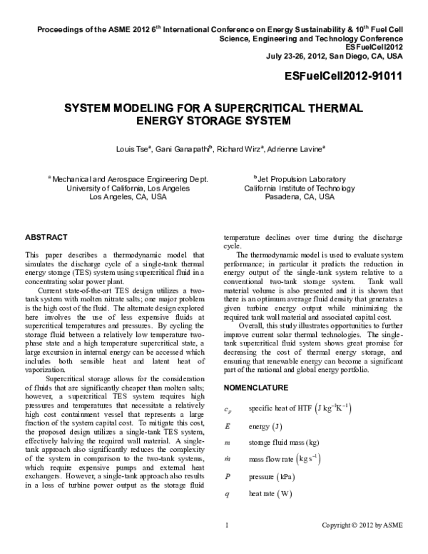 (PDF) System Modeling for a Supercritical Thermal Energy Storage System