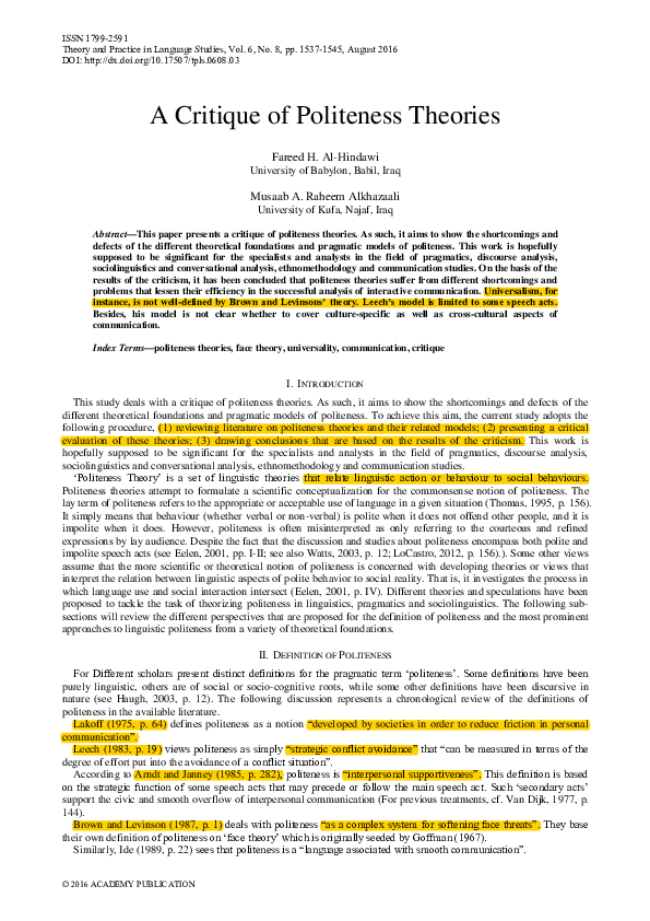(PDF) A Critique of Politeness Theories