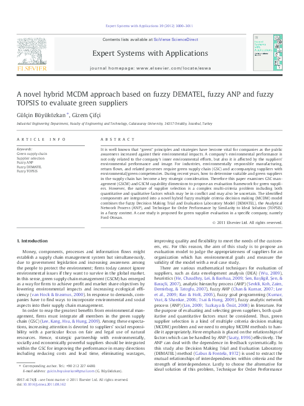 (PDF) A novel hybrid MCDM approach based on fuzzy DEMATEL, fuzzy ANP and fuzzy TOPSIS to ...