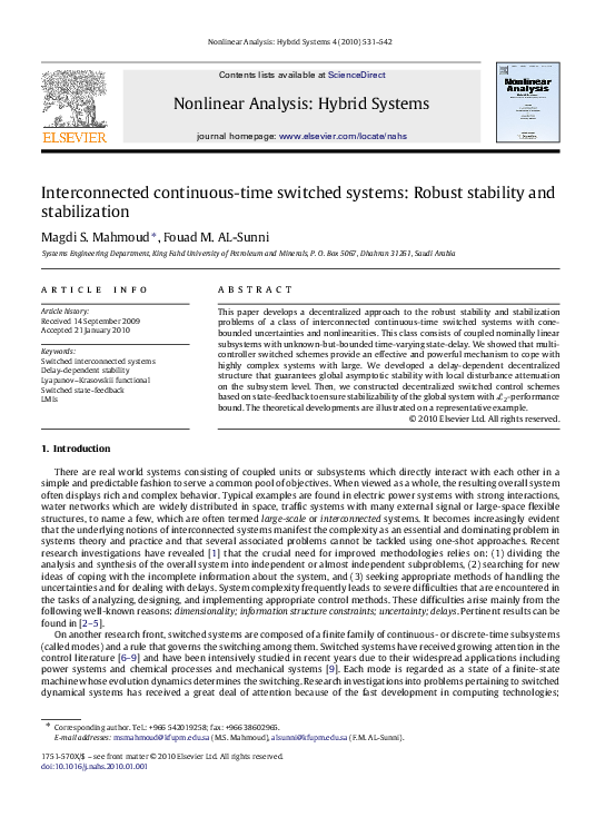 (PDF) Interconnected continuous-time switched systems: Robust stability and stabilization