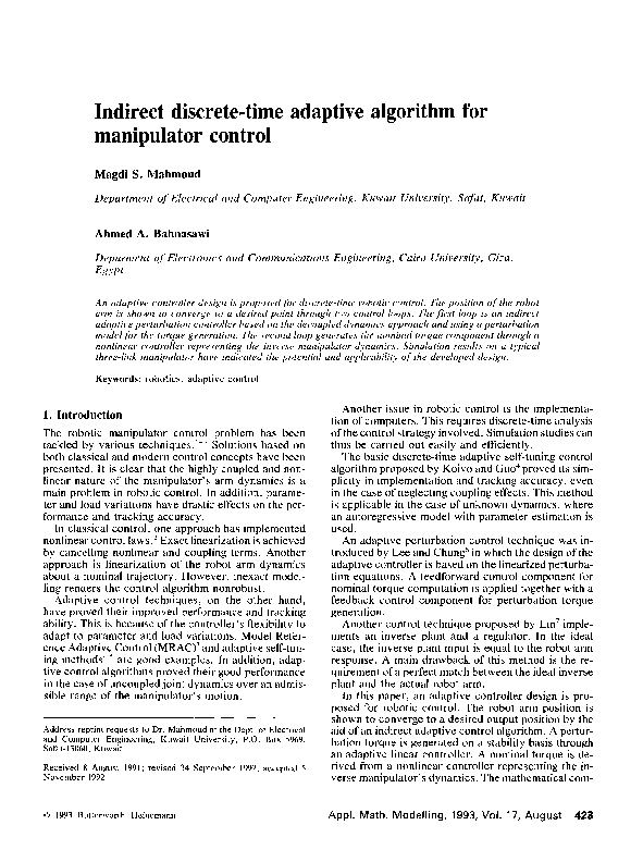 Pdf Indirect Discrete Time Adaptive Algorithm For Manipulator Control