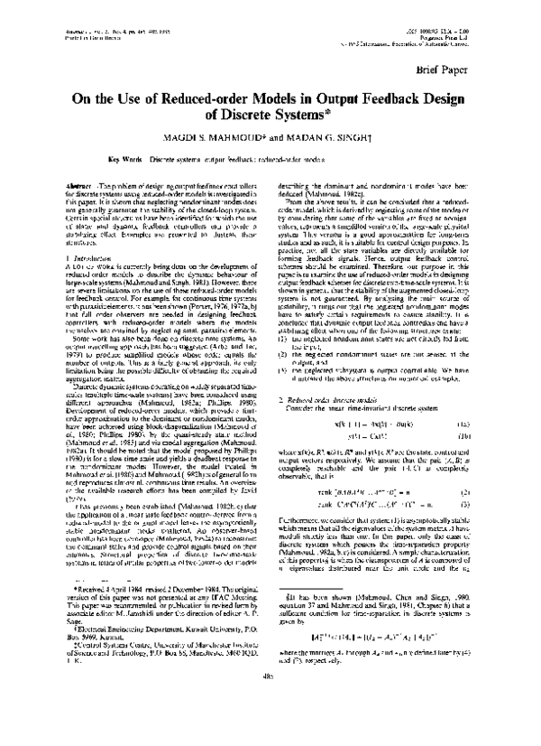 Pdf On The Use Of Reduced Order Models In Output Feedback Design Of Discrete Systems