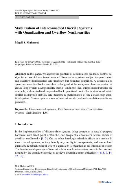 (PDF) Stabilization of Interconnected Discrete Systems with Quantization and Overflow ...