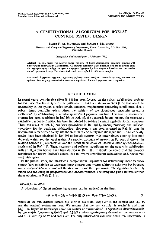 (PDF) A computational algorithm for robust control system design