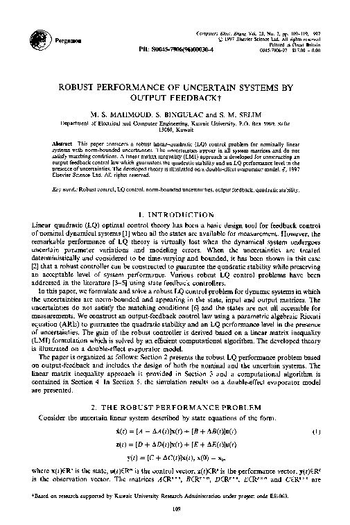 Pdf Robust Performance Of Uncertain Systems By Output Feedback