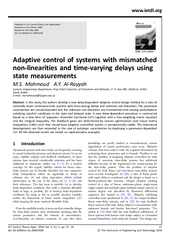 Pdf Adaptive Control Of Systems With Mismatched Non Linearities And Time Varying Delays Using