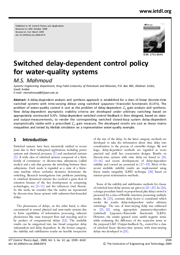 (PDF) Switched delay-dependent control policy for water-quality systems