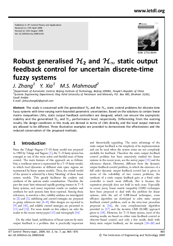 Pdf Robust Generalised ℋ2 And ℋ∞ Static Output Feedback Control For Uncertain Discrete Time 9319