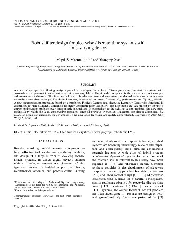 (PDF) Robust filter design for piecewise discrete-time systems with ...