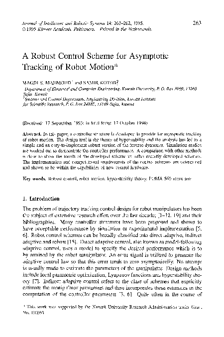 Pdf A Robust Control Scheme For Asymptotic Tracking Of Robot Motion