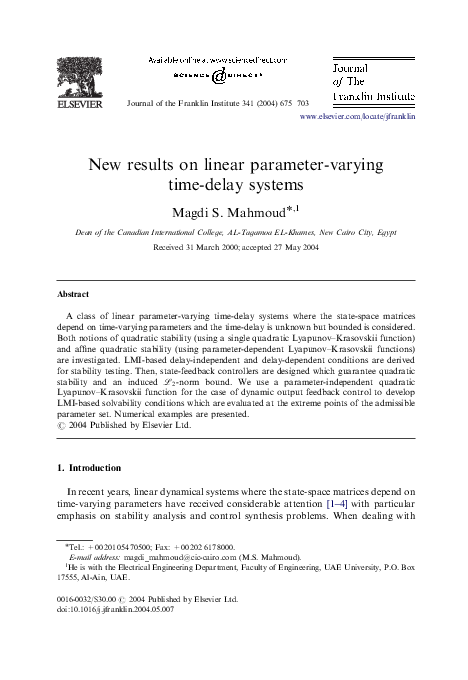 Pdf New Results On Linear Parameter Varying Time Delay Systems Magdi S Mahmoud