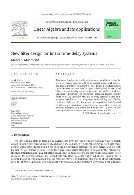 (PDF) New filter design for linear time-delay systems | Magdi S Mahmoud - Academia.edu