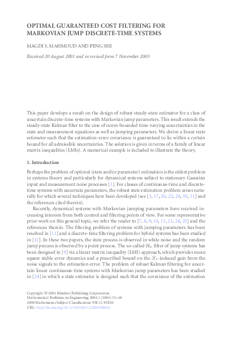 (PDF) Optimal guaranteed cost filtering for Markovian jump discrete-time systems
