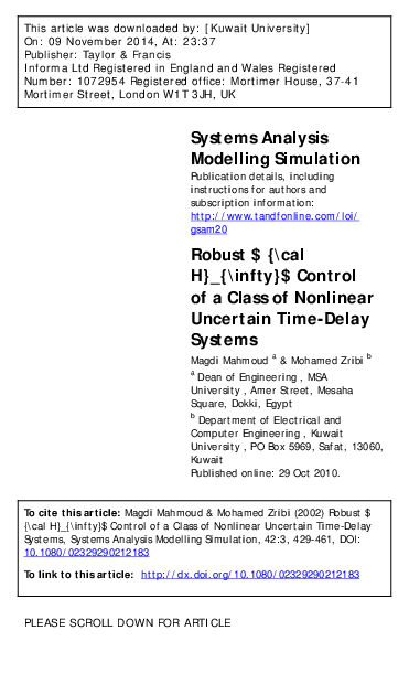 Pdf Robust Cal H Infty Control Of A Class Of Nonlinear Uncertain Time Delay Systems