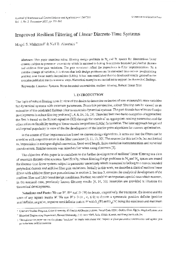 Pdf Improved Resilient Filtering For Linear Discrete Time Systems