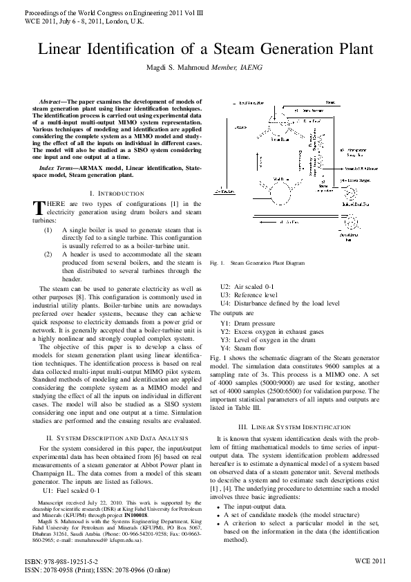 (PDF) Linear Identification of a Steam Generation Plant