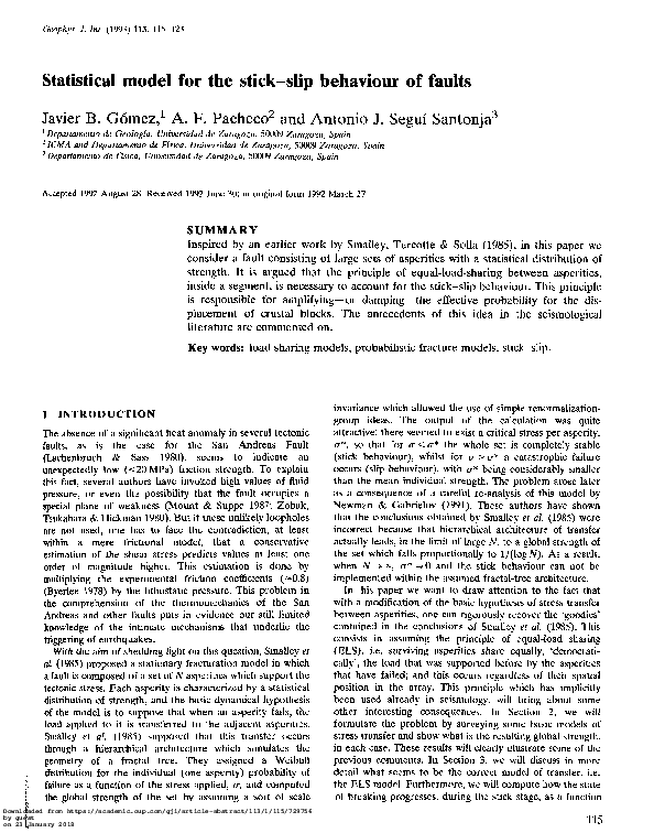 (PDF) Statistical Model For the Stick-Slip Behaviour of Faults
