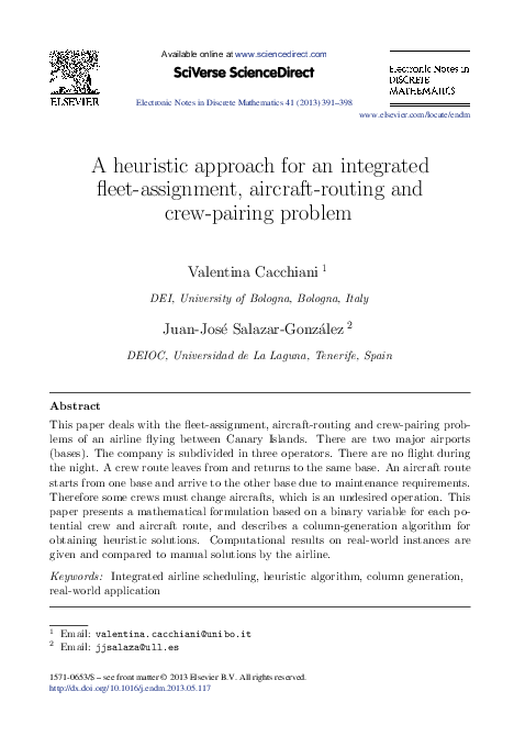 (PDF) A heuristic approach for an integrated fleet-assignment, aircraft-routing and crew-pairing ...