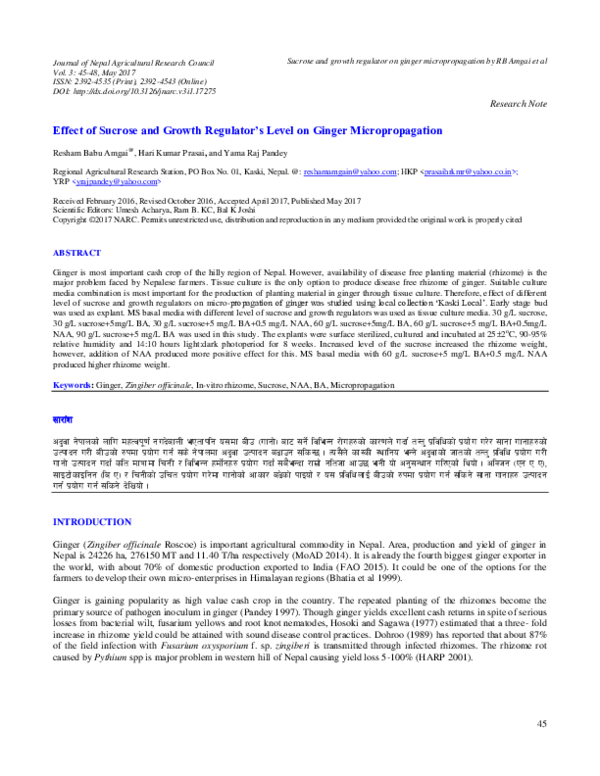 Pdf Sucrose And Growth Regulator On Ginger Micropropagation By Rb Amgai Et Al Effect Of