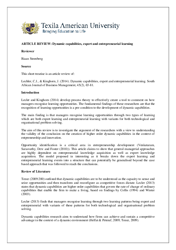 Doc Article Review Dynamic Capabilities Expert And Entrepreneurial Learning