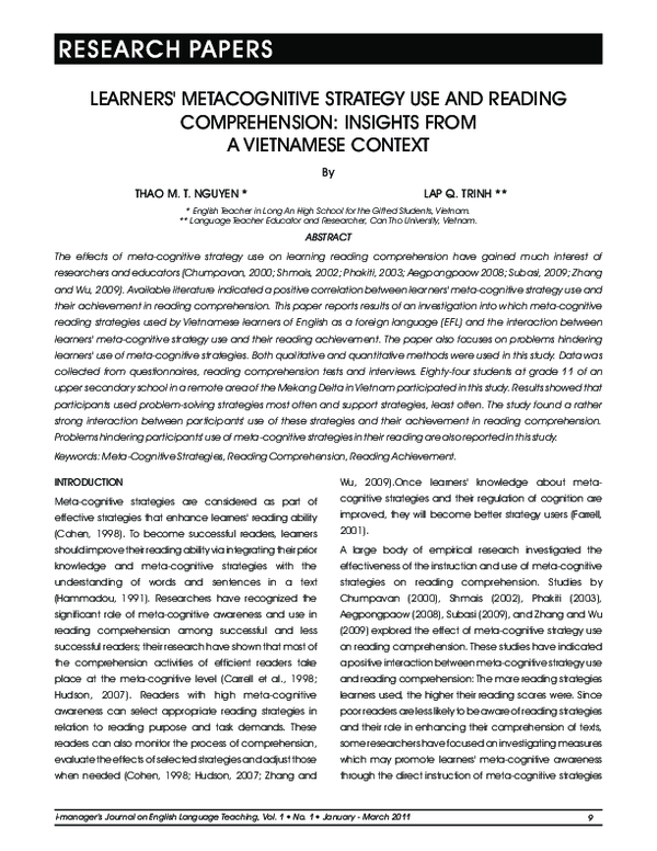 Pdf Learners Metacognitive Strategy Use And Reading Comprehension