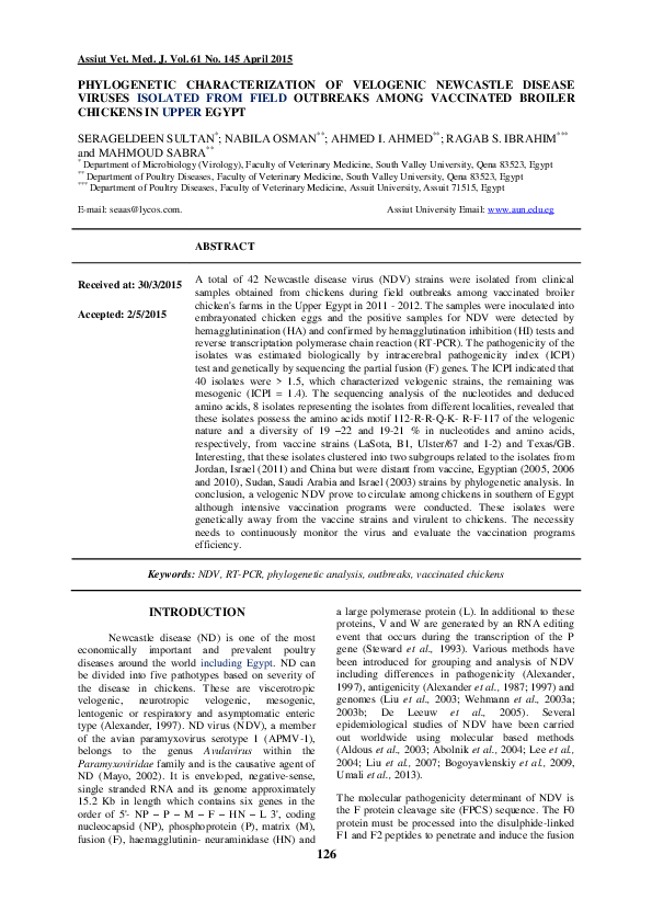 (PDF) PHYLOGENETIC CHARACTERIZATION OF VELOGENIC NEWCASTLE DISEASE ...