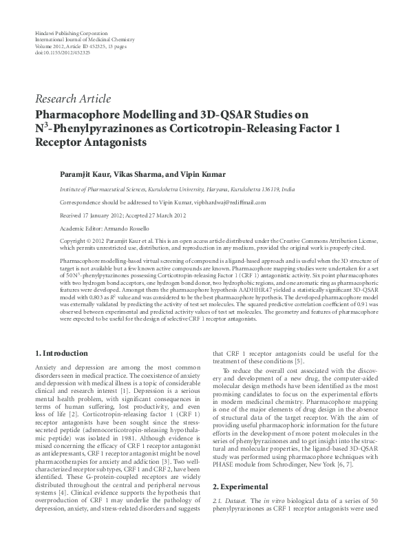 (PDF) Pharmacophore Modelling and 3D-QSAR Studies on N 3 -Phenylpyrazinones as Corticotropin ...