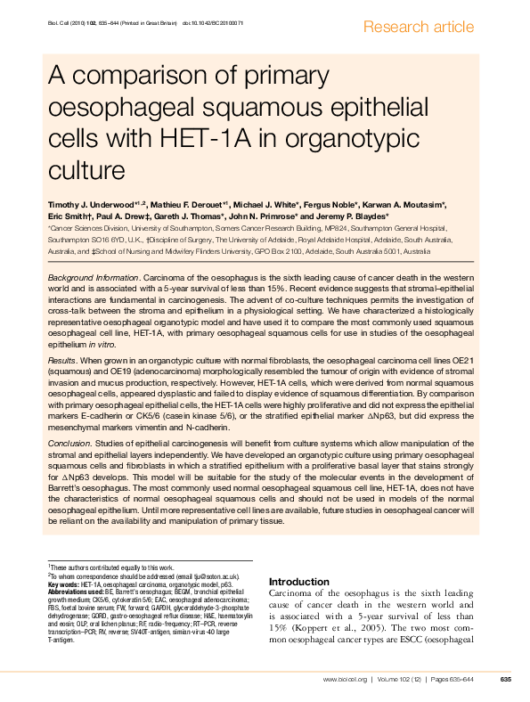 (PDF) A comparison of primary oesophageal squamous epithelial cells with HET-1A in organotypic ...