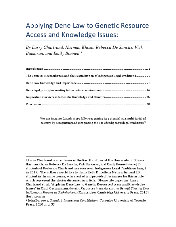 (DOC) Applying Dene Law to Genetic Resource Access and Knowledge Issues