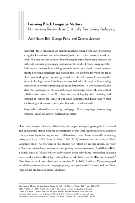(PDF) Learning Black Language Matters: Humanizing Research as ...