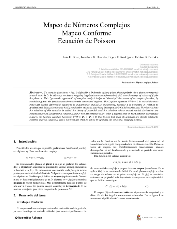 (DOC) Mapeo de Números Complejos Mapeo Conforme, Ecuación de Poisson