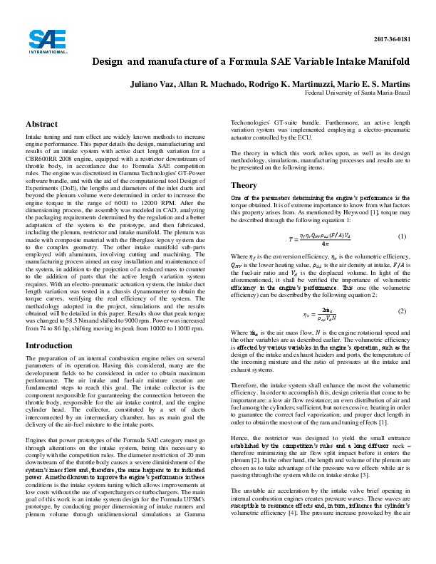 (PDF) Design and manufacture of a Formula SAE Variable Intake Manifold