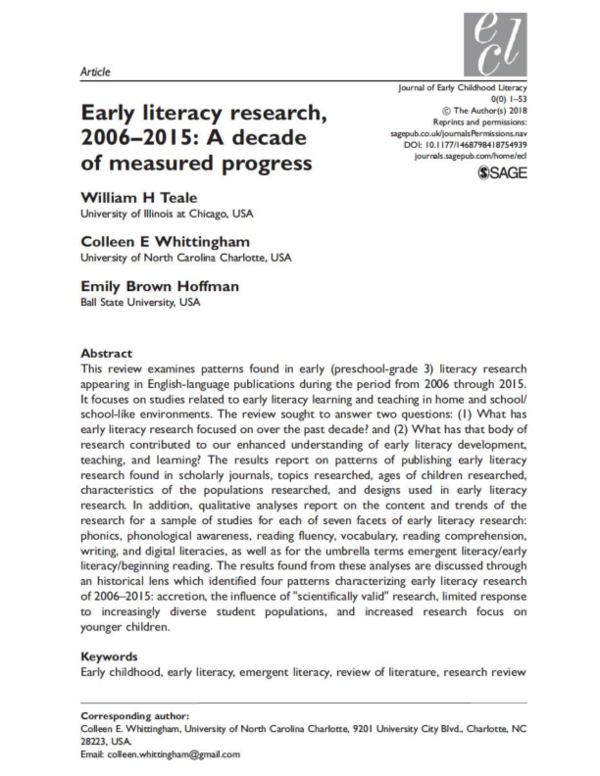 (PDF) Early Literacy Research, 2006-2015: A Decade of Measured Progress