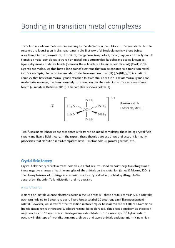 (DOC) Bonding in transition metal complexes
