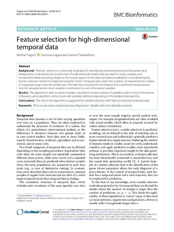 Pdf Feature Selection For High Dimensional Temporal Data