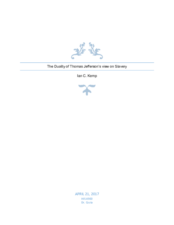 (DOC) The Duality of Thomas Jefferson's view on Slavery