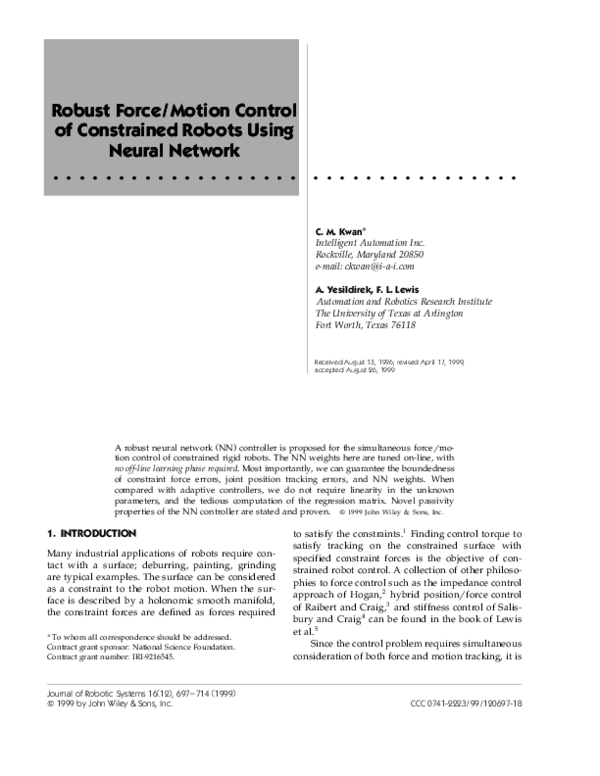 Pdf Robust Force Motion Control Of Constrained Robots Using Neural
