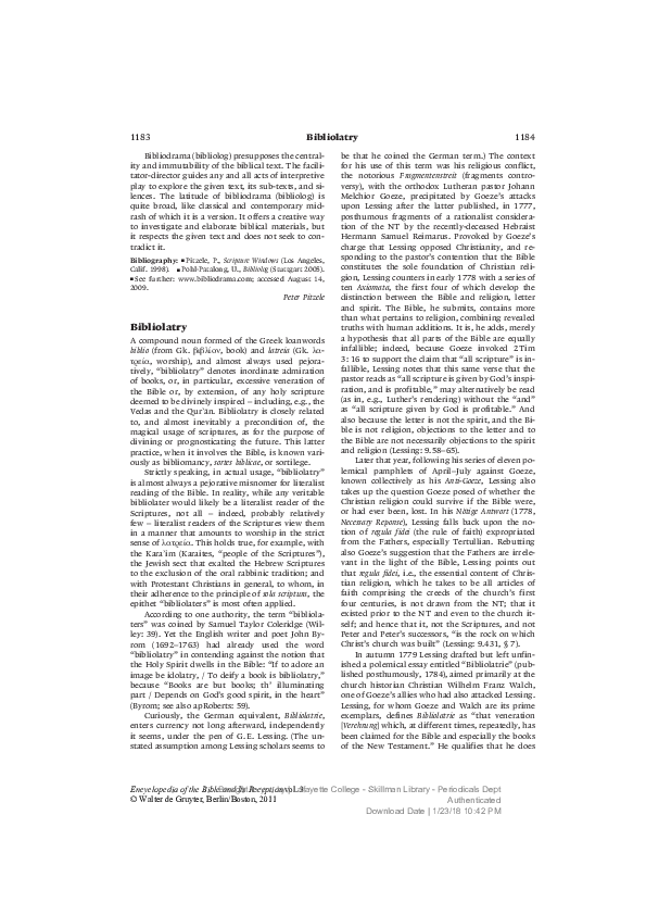 (PDF) "Bibliolatry," in EBR 3 (2011): cols. 1183-89