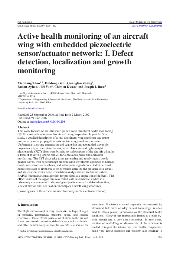 Pdf Active Health Monitoring Of An Aircraft Wing With Embedded