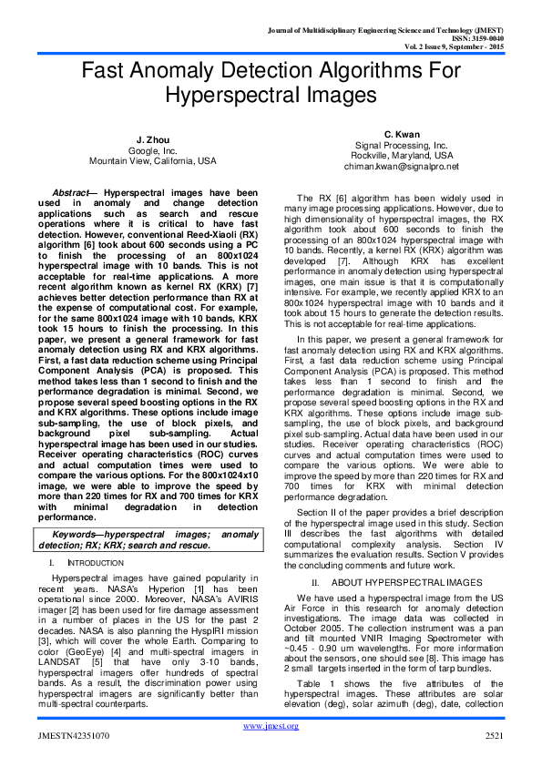 Pdf Fast Anomaly Detection Algorithms For Hyperspectral Images
