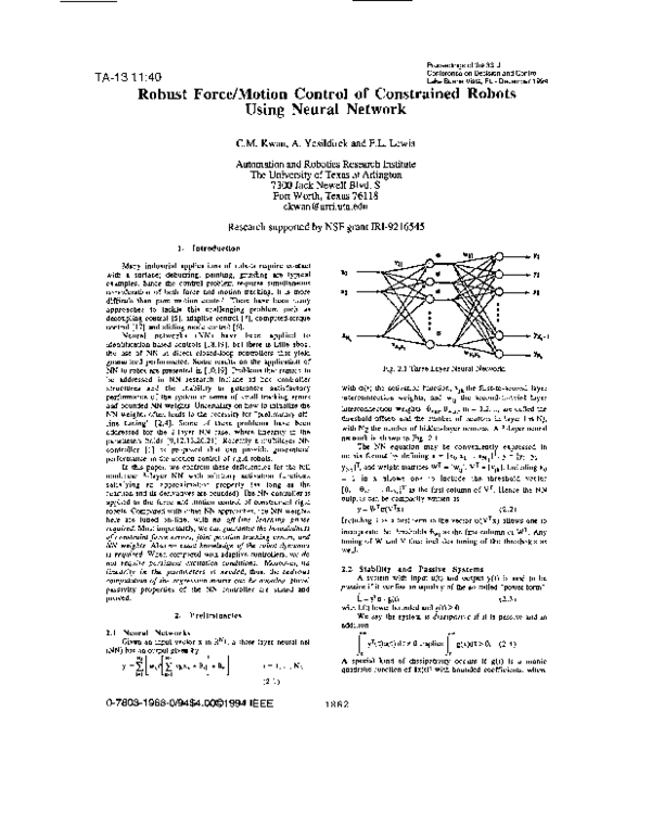 Pdf Robust Forcemotion Control Of Constrained Robots Using Neural Network Chiman Kwan 8308