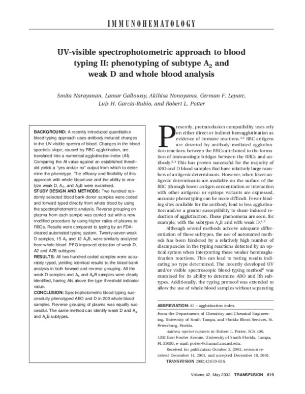 (PDF) UV-visible spectrophotometric approach to blood typing II ...
