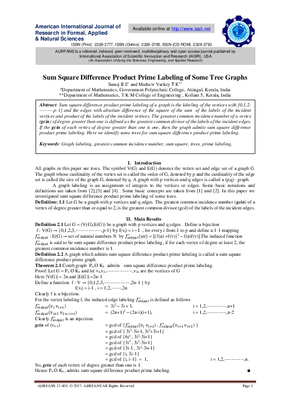 (PDF) Sum Square Difference Product Prime Labeling of Some Tree Graphs