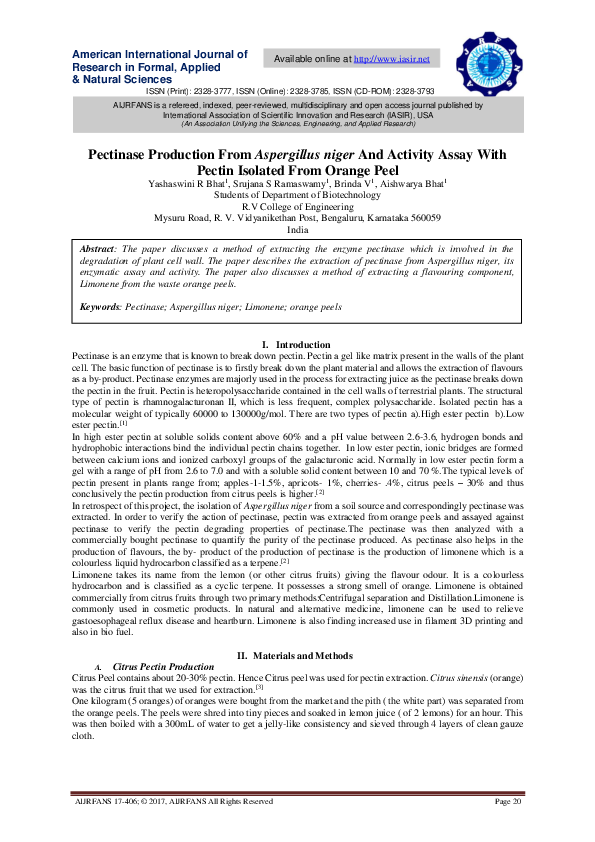 Pdf Pectinase Production From Aspergillus Niger And Activity Assay With Pectin Isolated From