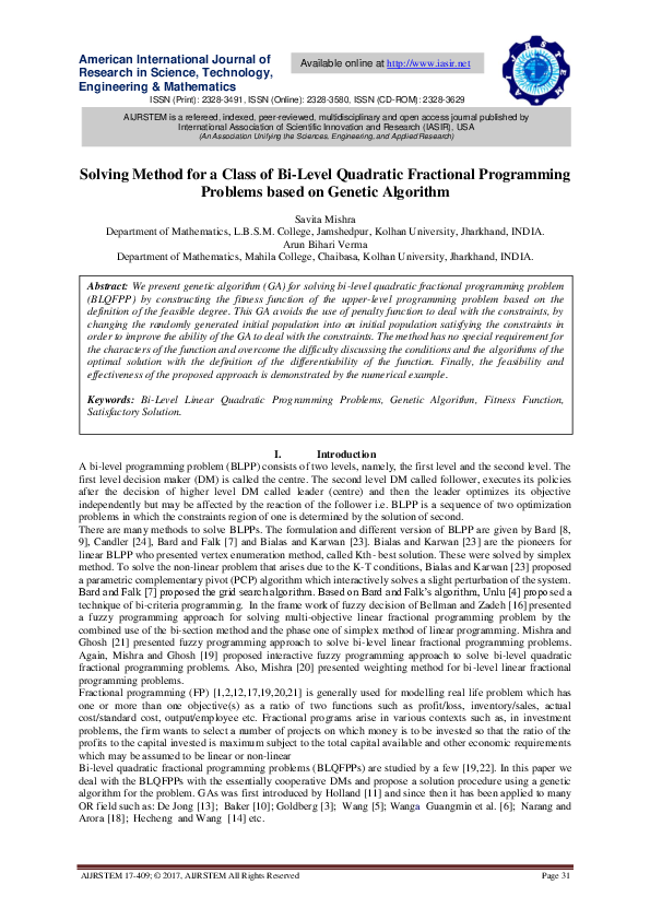 (PDF) Solving Method for a Class of Bi-Level Quadratic Fractional ...