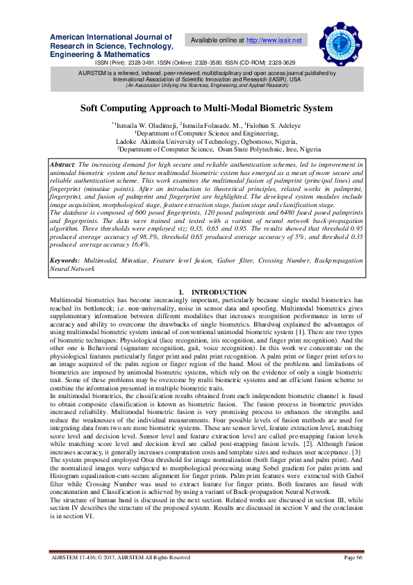 Pdf Soft Computing Approach To Multi Modal Biometric System