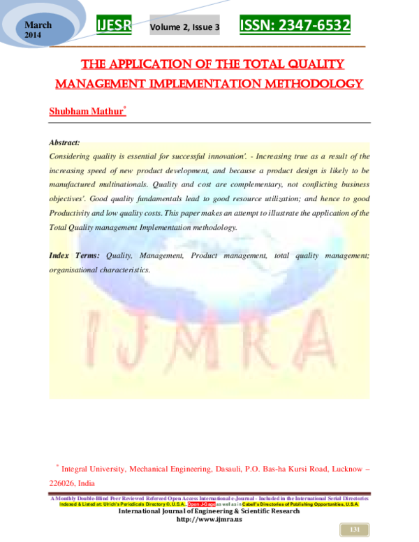(PDF) The Application of the Total Quality Management Implementation ...