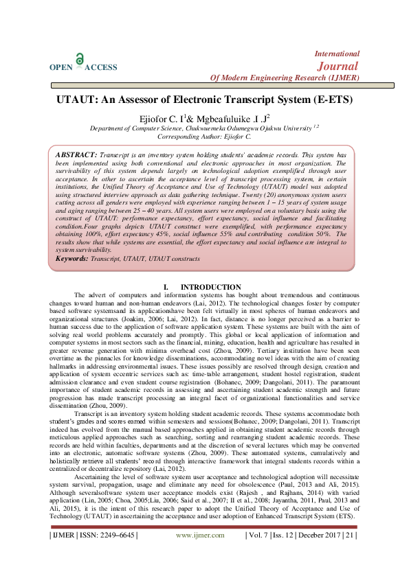 (PDF) UTAUT: An Assessor of Electronic Transcript System (E-ETS