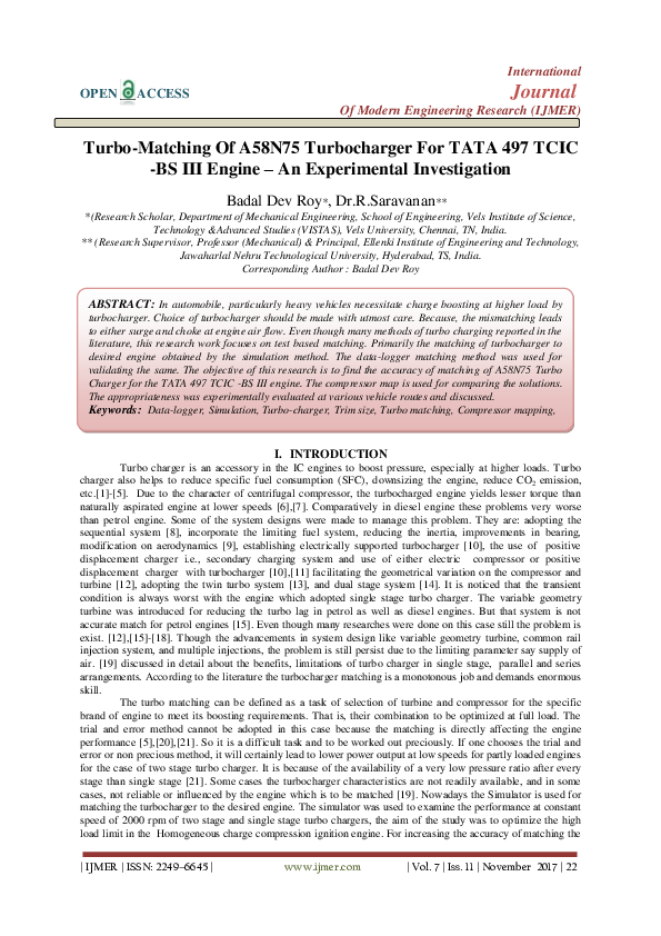 (PDF) Turbo-Matching Of A58N75 Turbocharger For TATA 497 TCIC -BS III ...