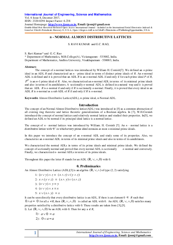 (PDF) n -NORMAL ALMOST DISTRIBUTIVE LATTICES